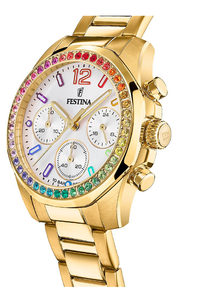Ladies Watch FESTINA Crystals Gold Stainless Steel Chronograph F20609/2 ...