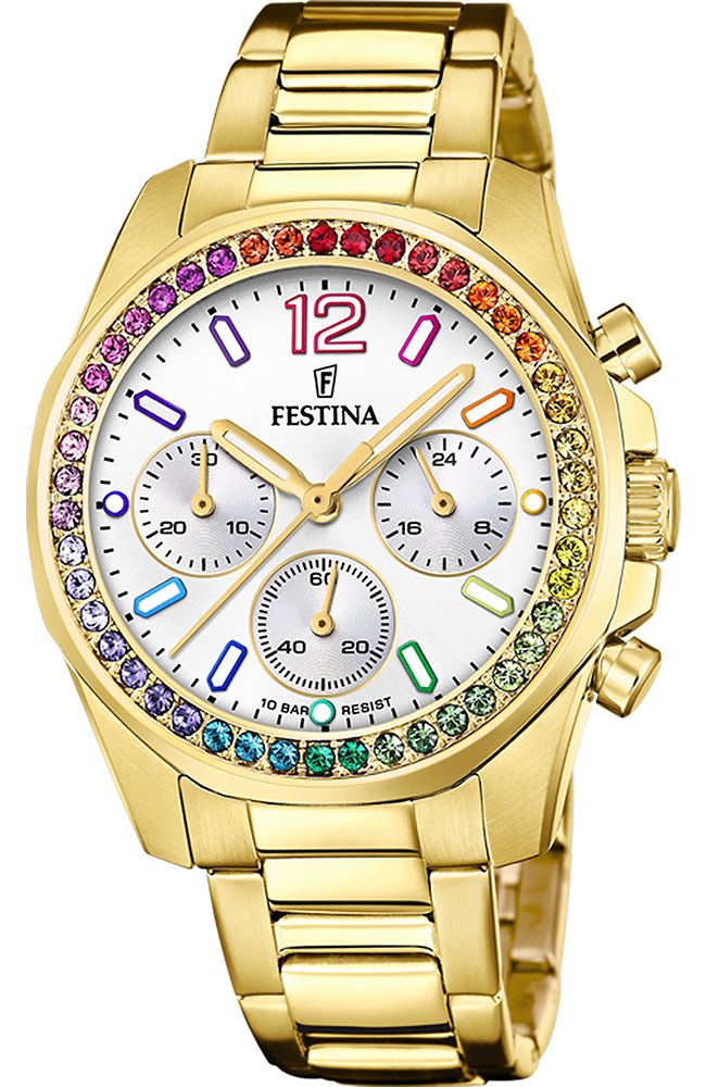Ladies Watch FESTINA Crystals Gold Stainless Steel Chronograph F20609/2 ...